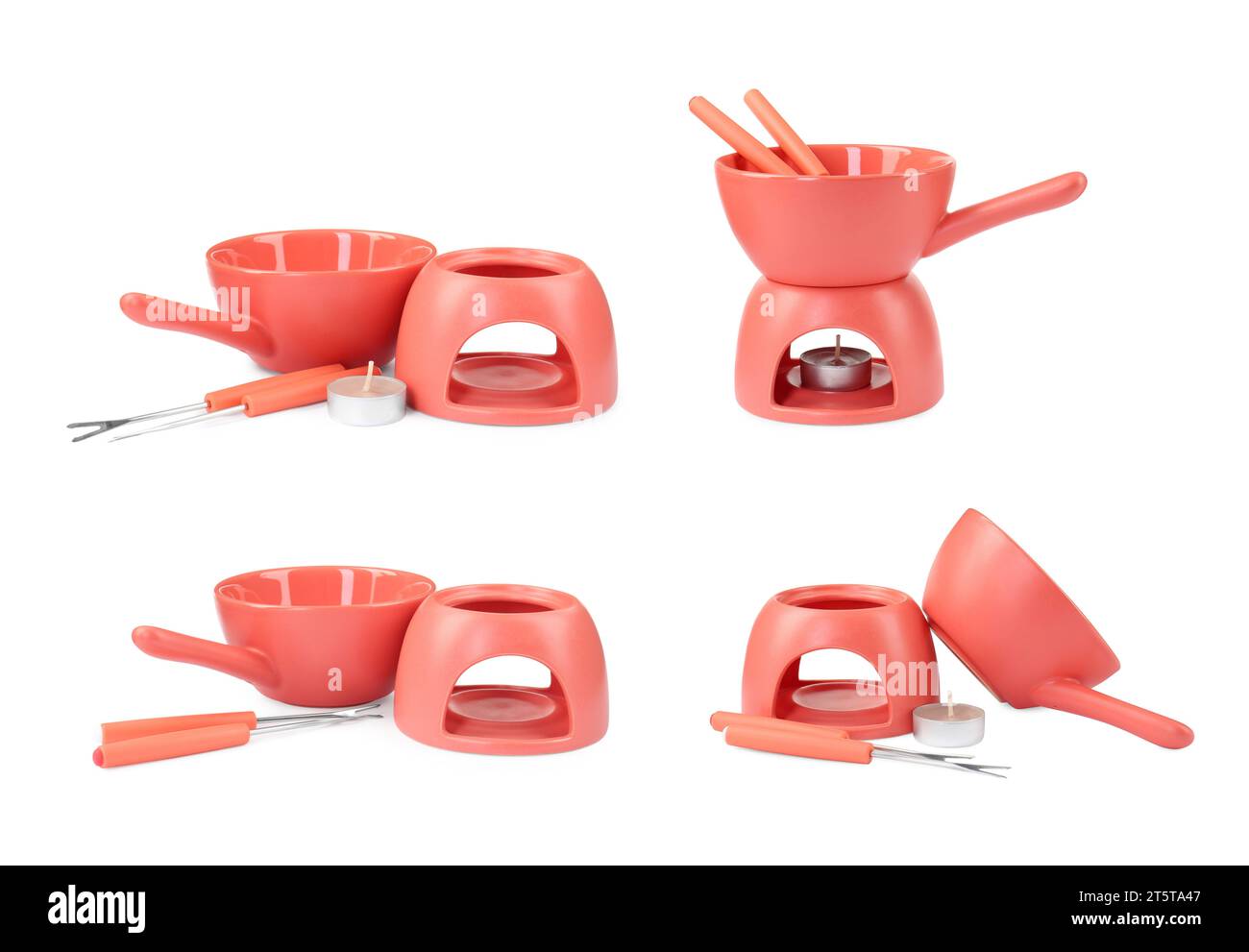 Modern ceramic fondue set on white background, collage Stock Photo - Alamy