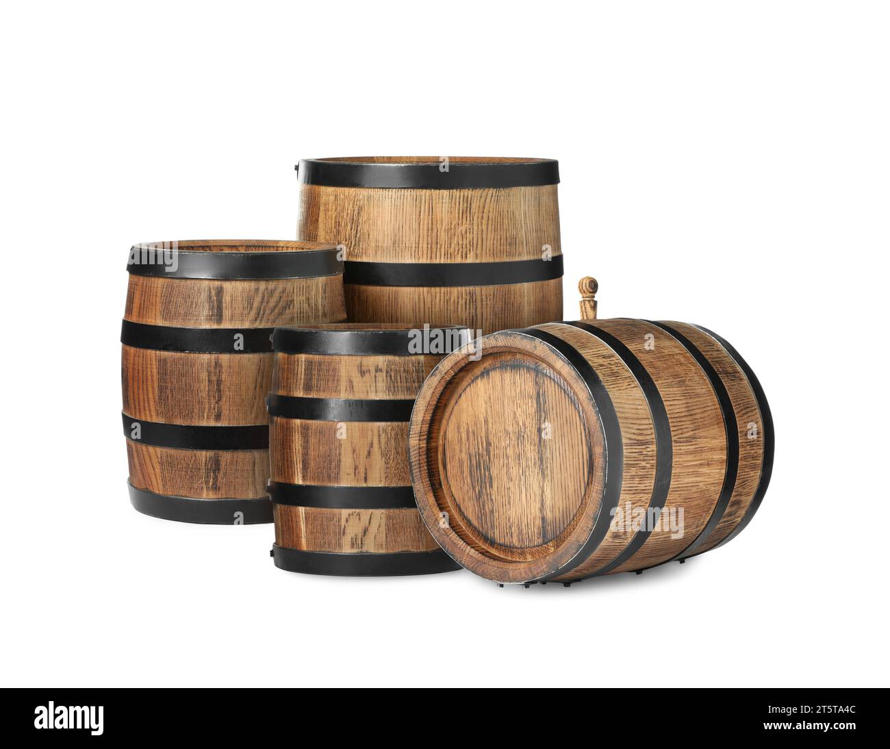 Set of many wooden barrels on white background Stock Photo - Alamy