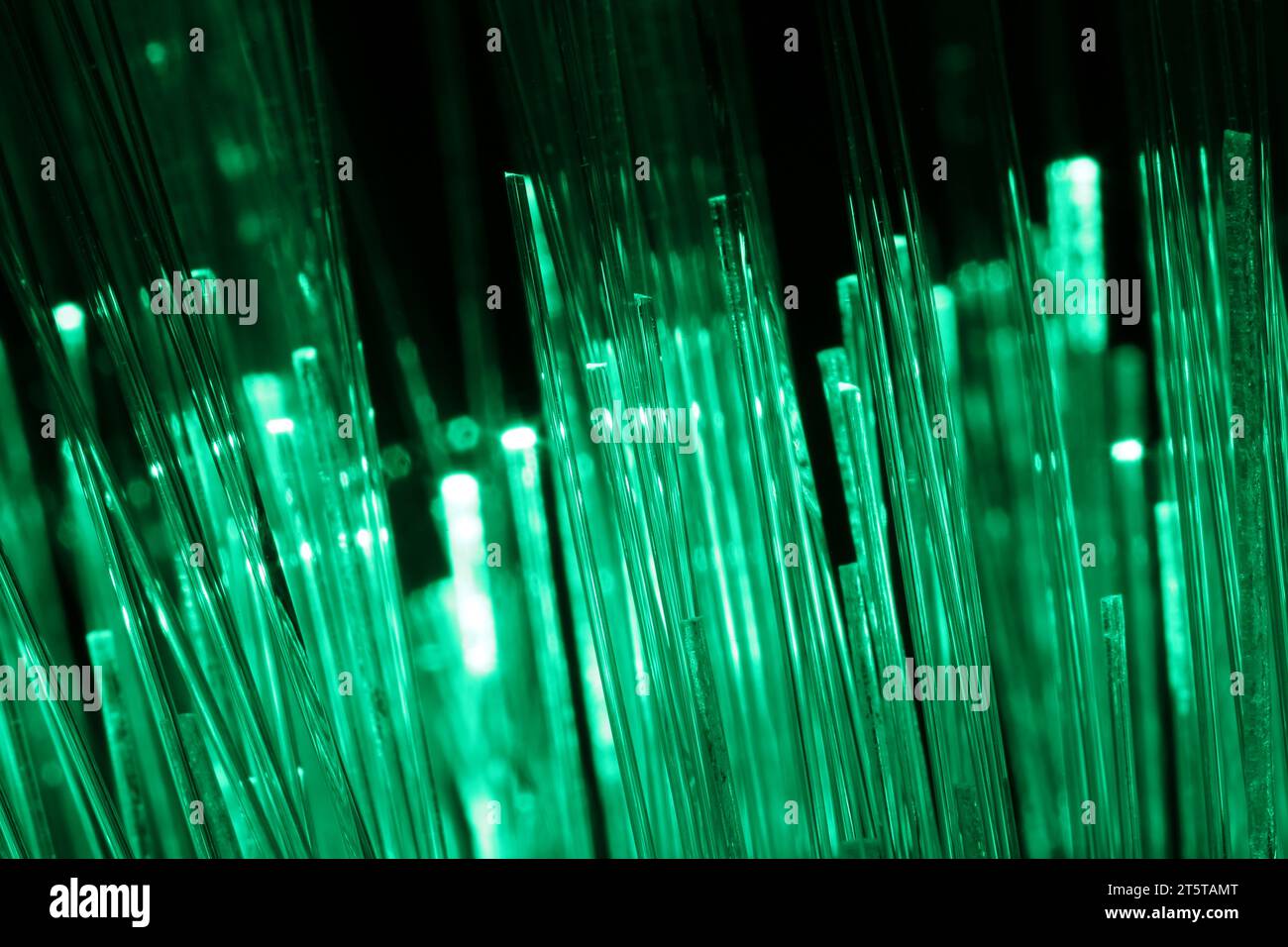 Optical fiber strands transmitting green light on black background ...