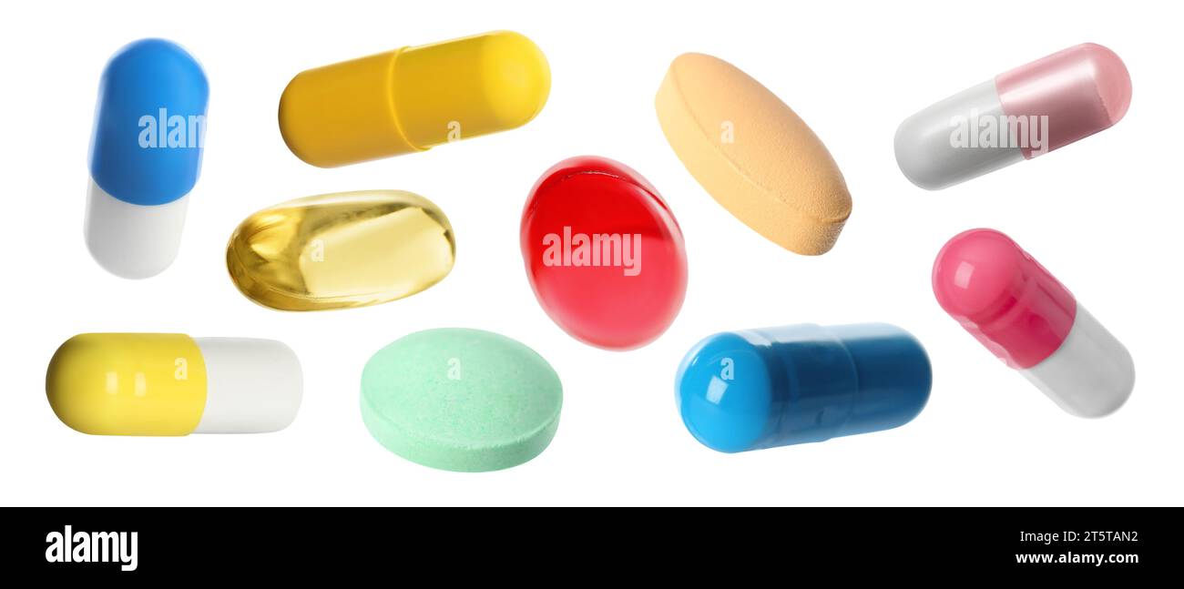 Many pills in different forms and colors isolated on white, collection ...