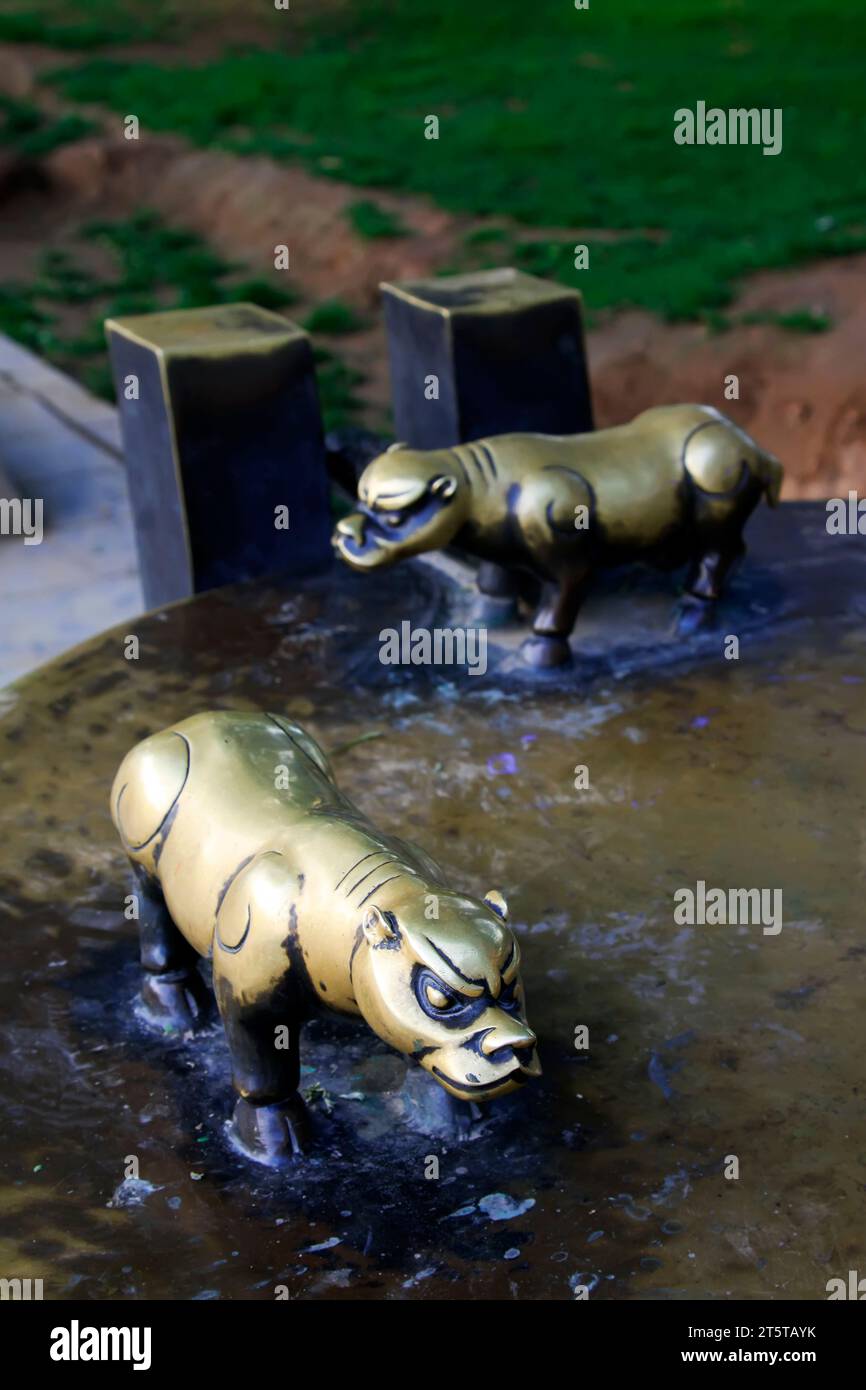 ancient Chinese traditional bronze beast sculpture, closeup of photo ...