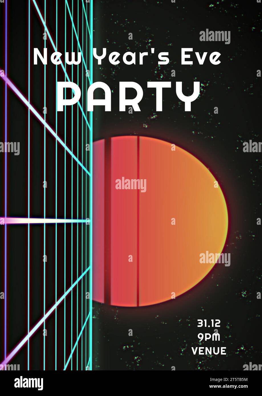 New year's eve party text in white over colourful grid and setting sun ...