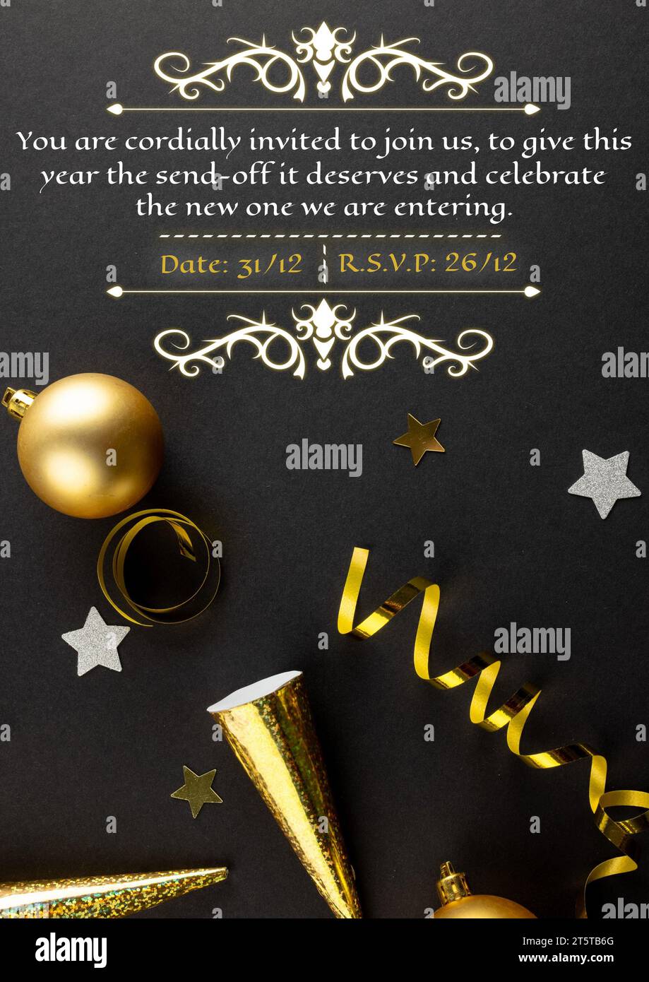 Composition of new year's eve invitation text over party hats and stars ...