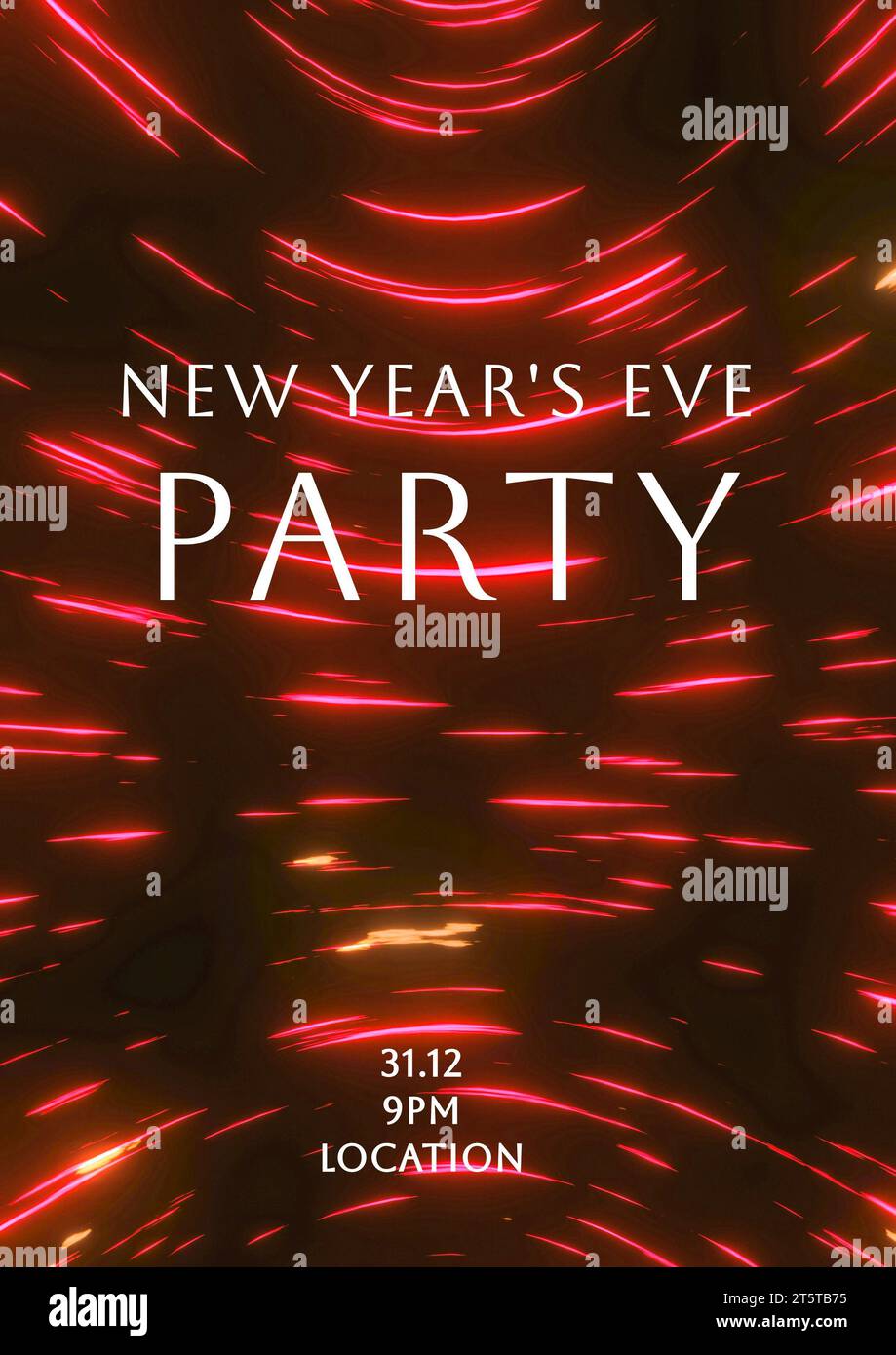 New year's eve party text in white over swirls of red light on black ...