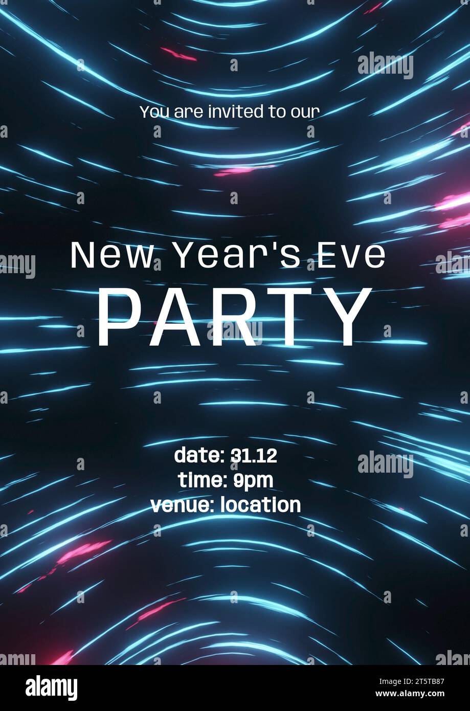 You are invited to our new year's eve party text in white over swirling ...