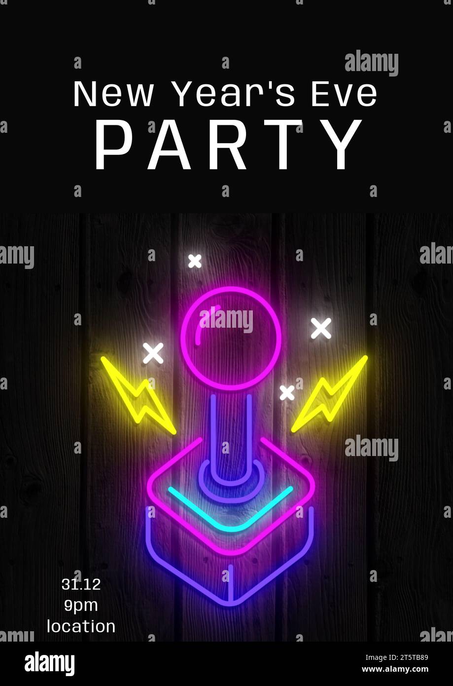 New year's eve party text in white with neon gaming joystick on black ...