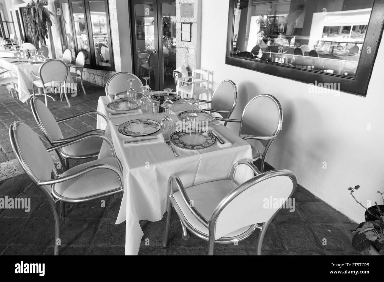 bistro terrace outdoor. bistro terrace with teble setting. empty bistro ...