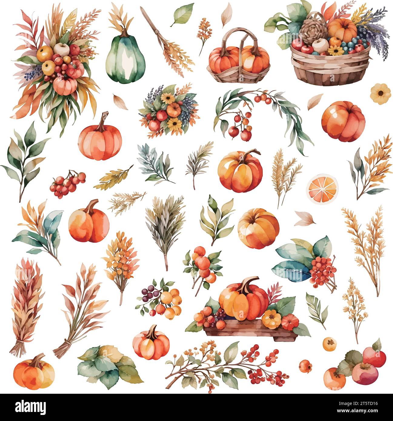 Watercolor autumn harvest set with pumpkins, berries and leaves on ...