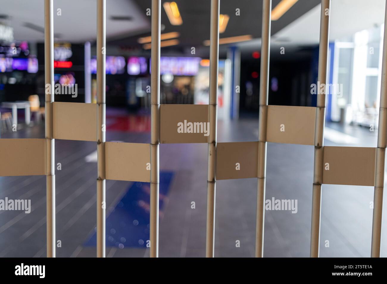 Closed movie theater lobby - empty and barricaded Stock Photo - Alamy