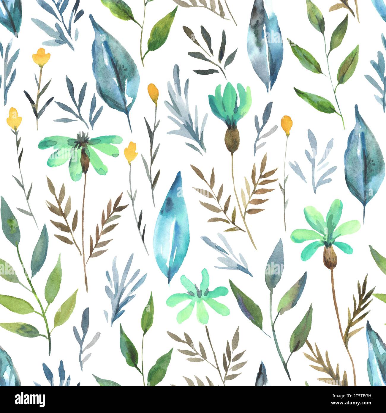 Watercolor seamless pattern with dark green plants and flowers. Hand ...