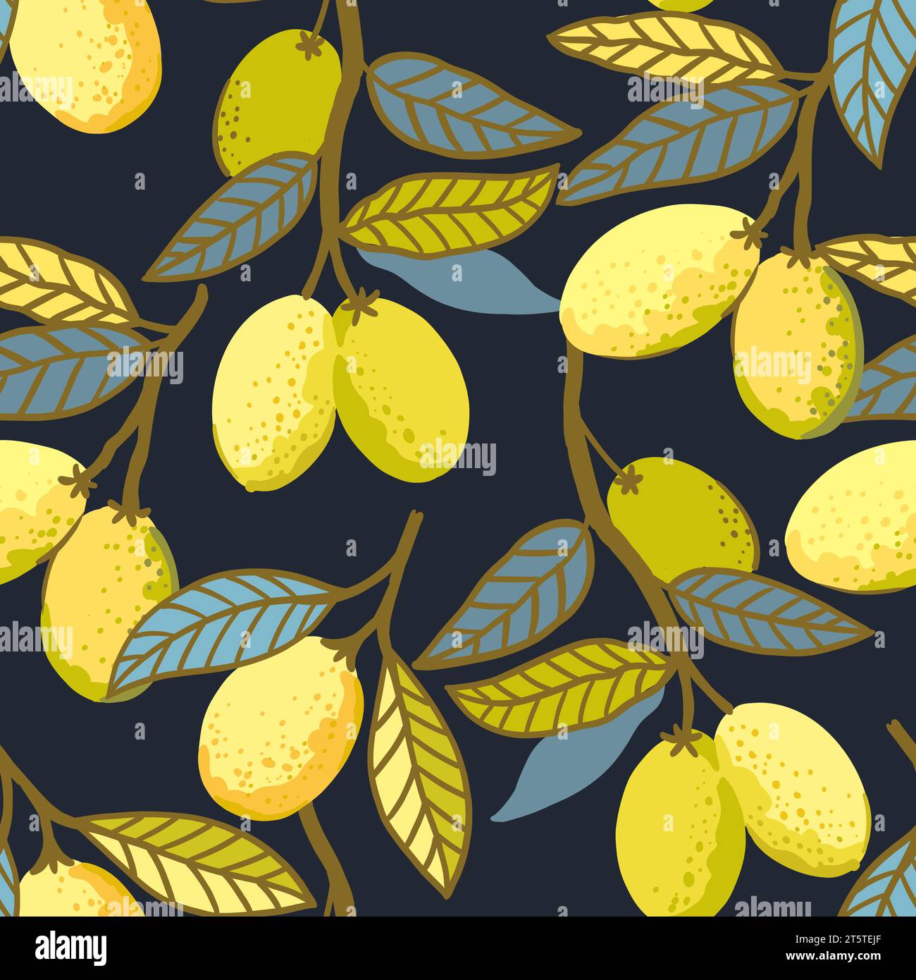 Seamless pattern with lemon fruits and leaves. Vector illustration of lemon branches in ...