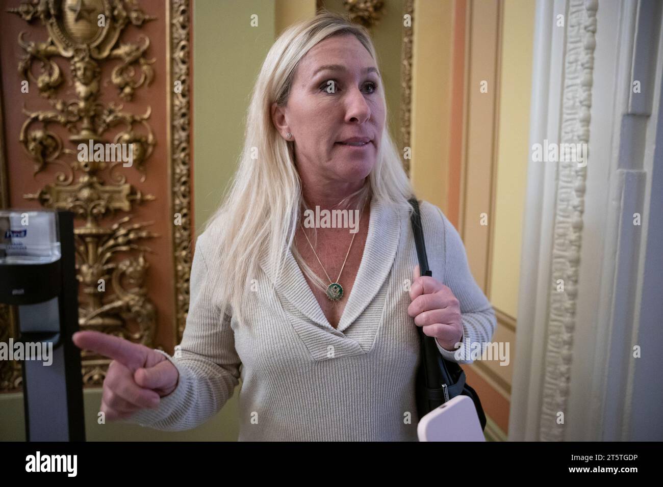 Rep. Marjorie Taylor Greene (R-Ga.) speaks with reporters at the U.S ...