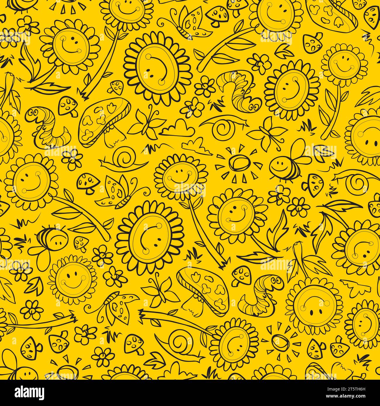 Vector repeat pattern yellow happy cheeky flowers doodle, Suitable for ...