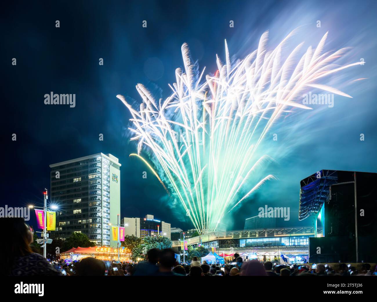 Crowds of people watching fireworks at Auckland Diwali Festival Stock ...
