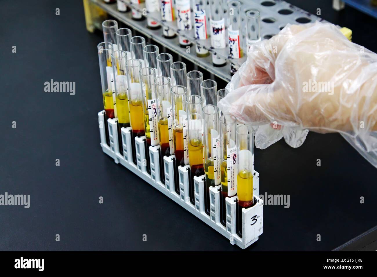 Laboratory tests glass tube and hand, closeup of photo Stock Photo - Alamy