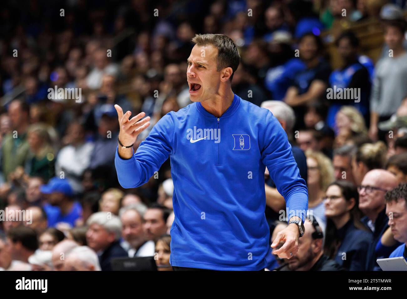 Duke head coach Jon Scheyer shouts at an official during the first half ...