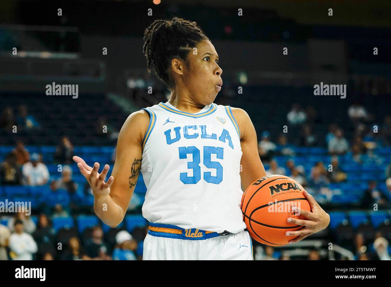 UCLA guard Camryn Brown reacts during the first half of an NCAA women's ...