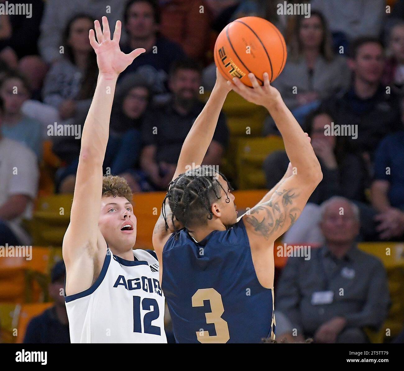 South Dakota Mines guard Alejandro Rama (3) shoots the ball as Utah ...