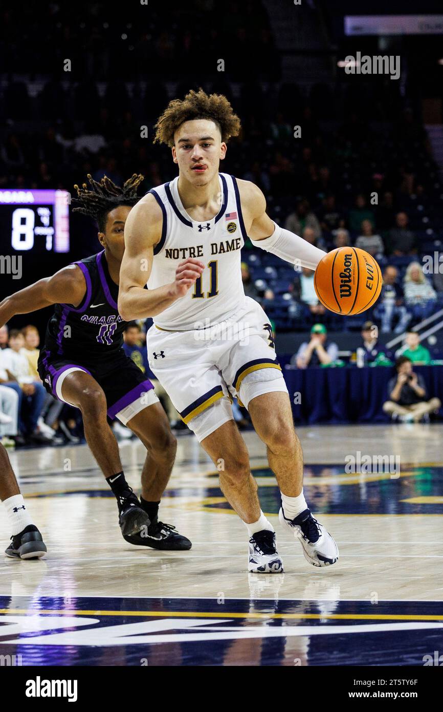 November 06, 2023: Notre Dame guard Braeden Shrewsberry (11) drives to ...