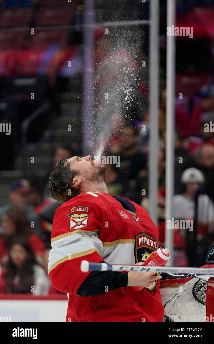 Florida Panthers goaltender Sergei Bobrovsky spits out water as he ...