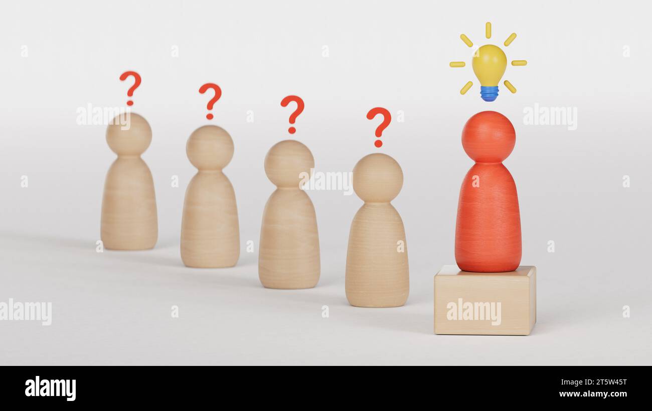 Wooden figure with drawing light bulb on cube among other wooden with ...