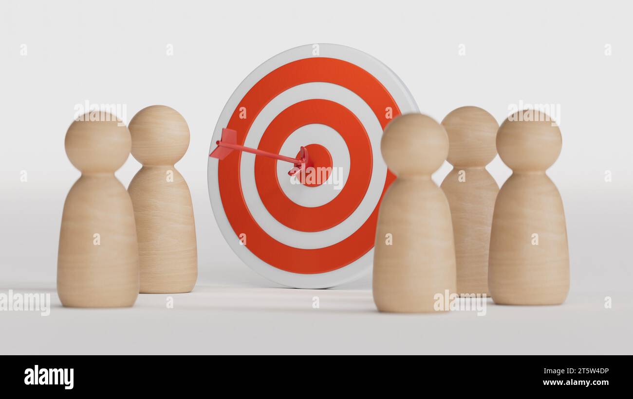 Wooden miniature figures standing with dartboard and arrow for setup ...