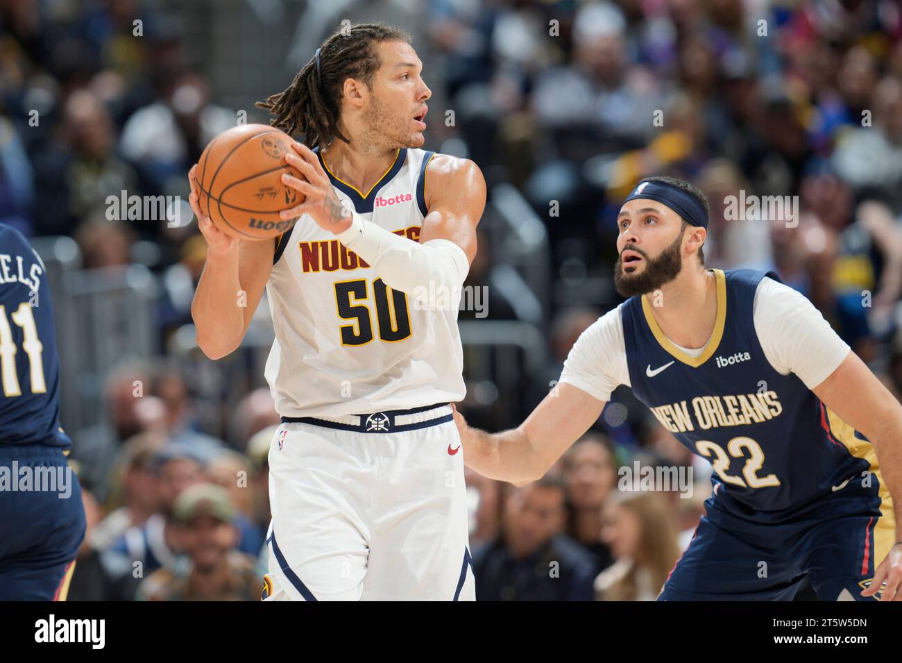 Denver Nuggets forward Aaron Gordon (50) looks to pass the ball as New Orleans Pelicans forward ...