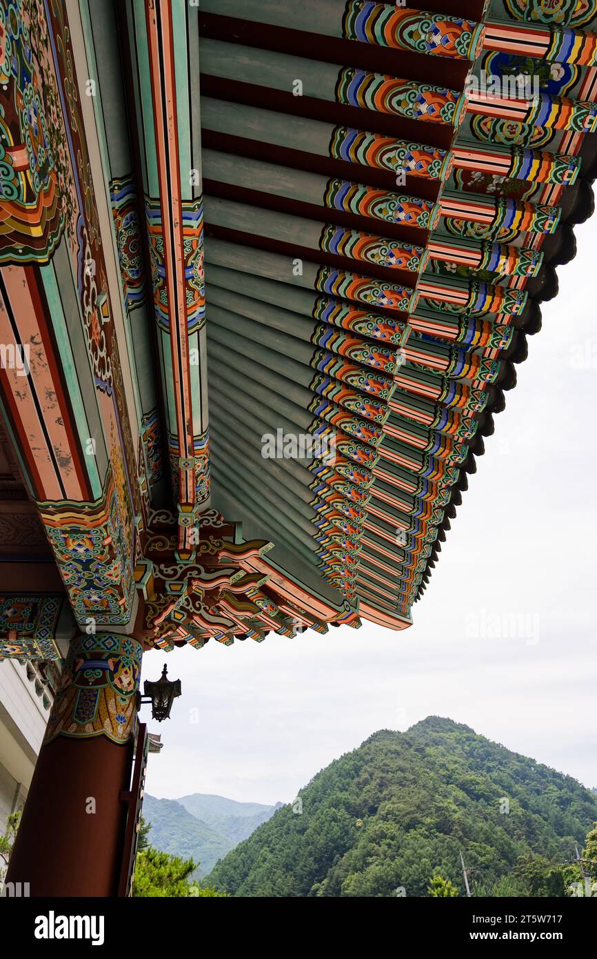 Low angle view of a wooden pole of temple in Korean National Park ...