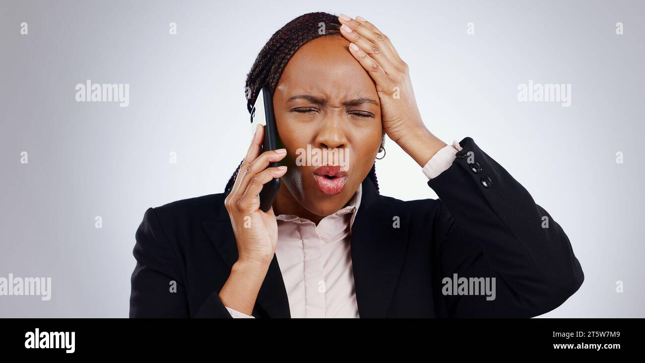 Phone, business woman and angry from scam conversation and anxiety from ...
