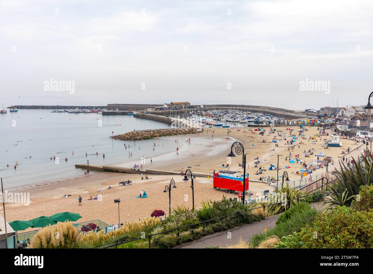 Lyme Regis seaside town, sandy beach and the Cobb and view across the ...