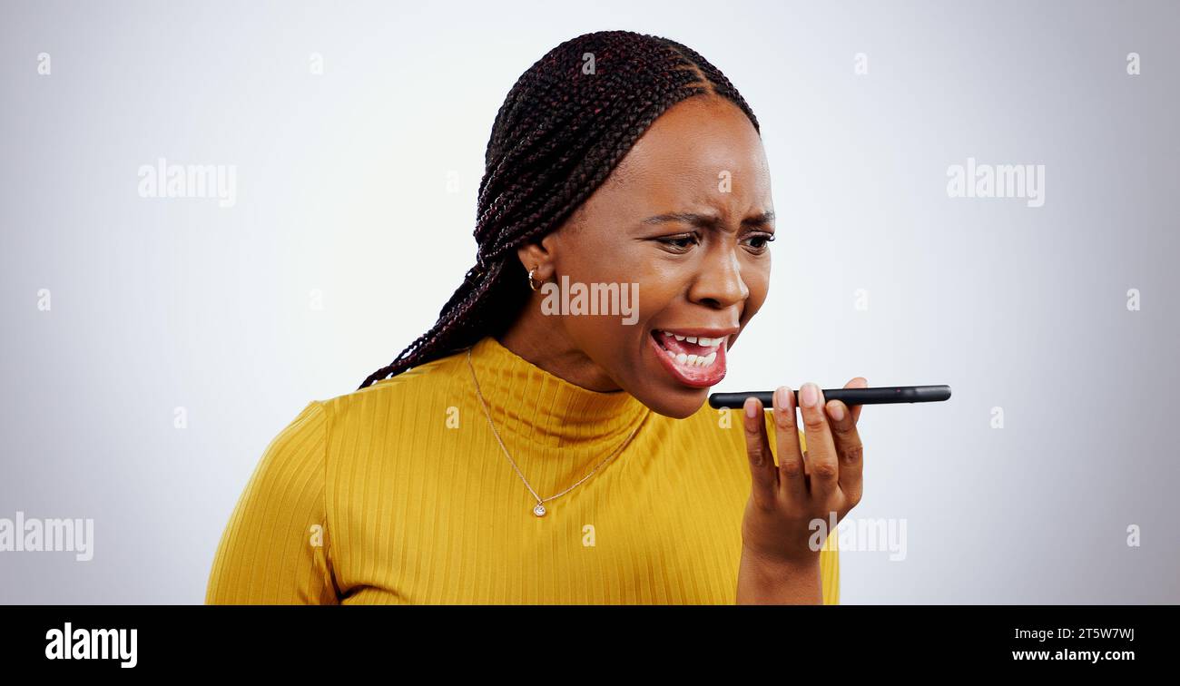 Phone, black woman and angry from scam conversation and anxiety from ...