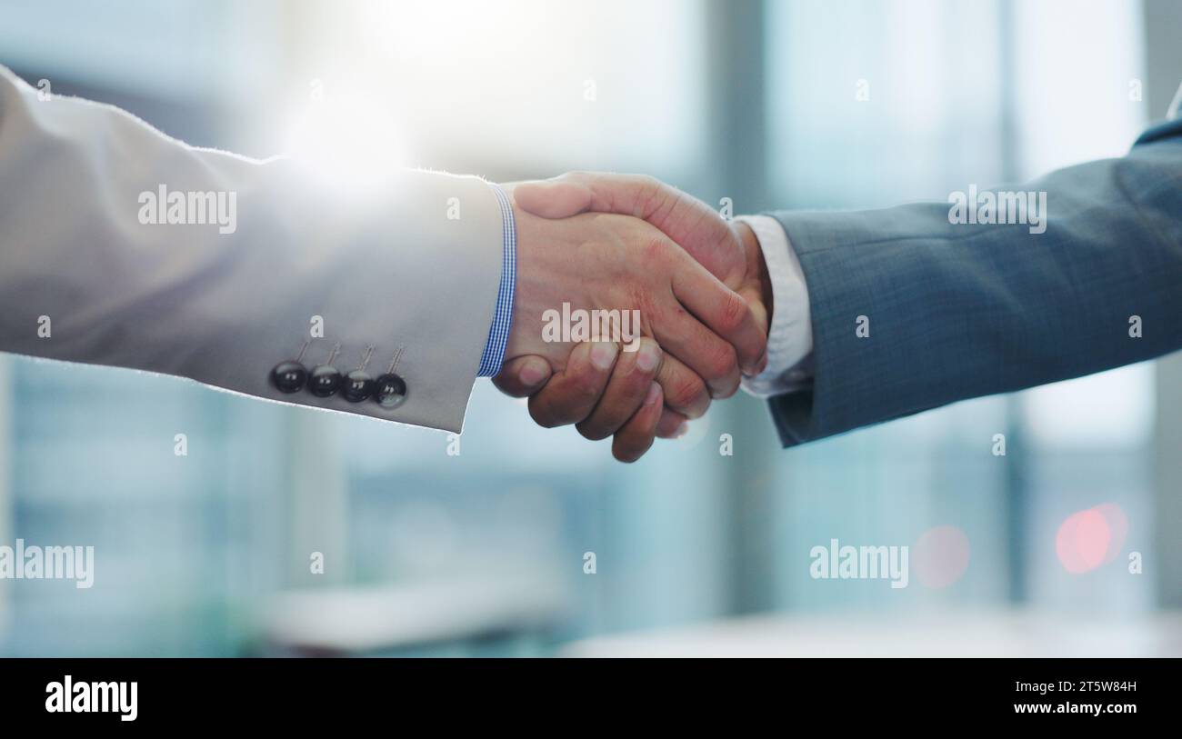 Business people, collaboration and shaking hands for agreement, deal and praise for success ...