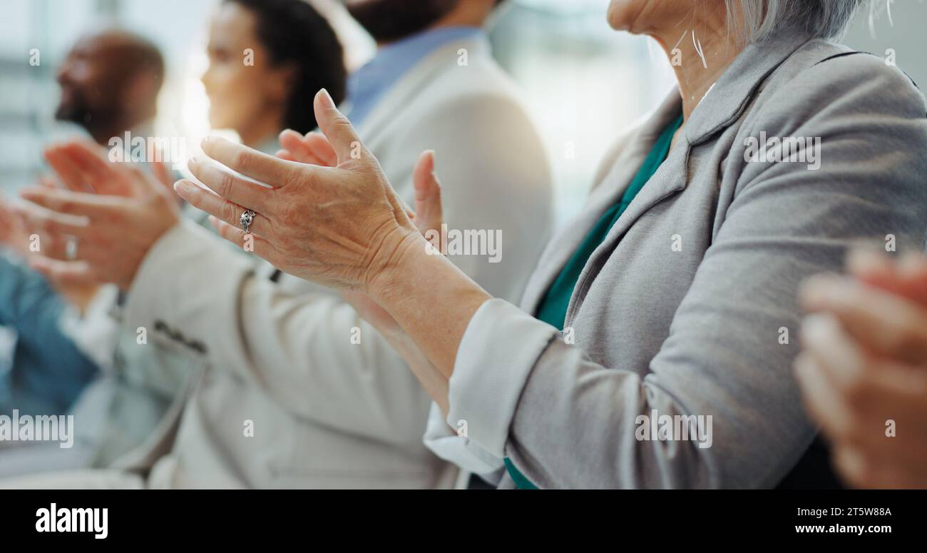 Business people, hands and applause at conference, workshop or ...
