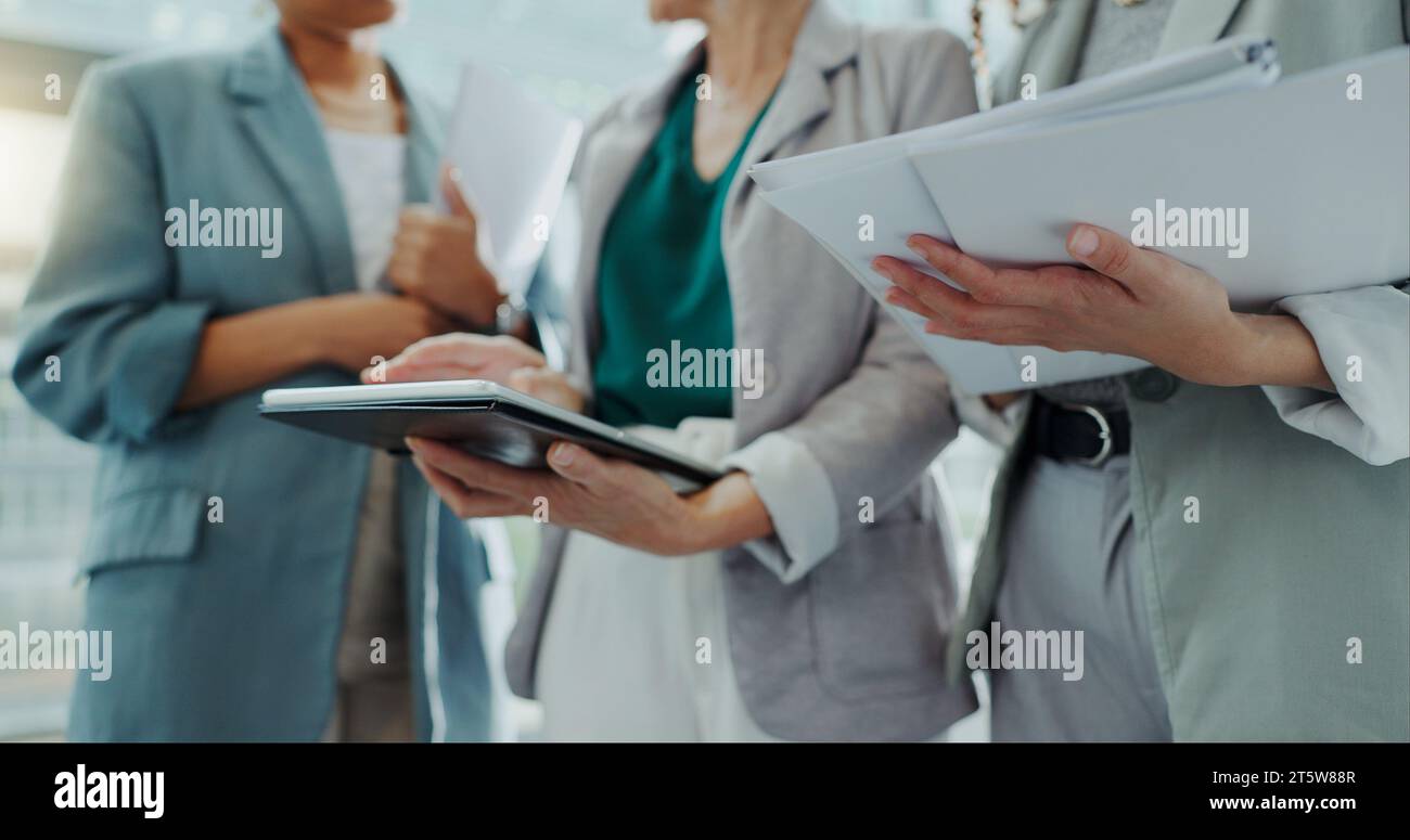 Documents, teamwork and business people hands with planning, meeting and paperwork review in ...