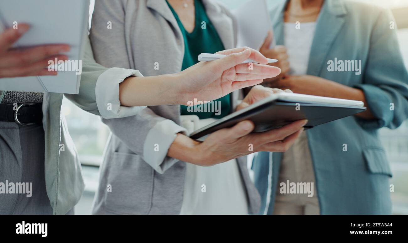 Documents, teamwork talk and business people hands with planning, meeting and paperwork review ...