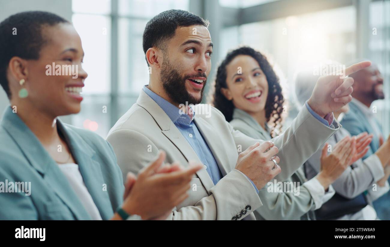 Clapping, business people and happy at a conference with teamwork and ...