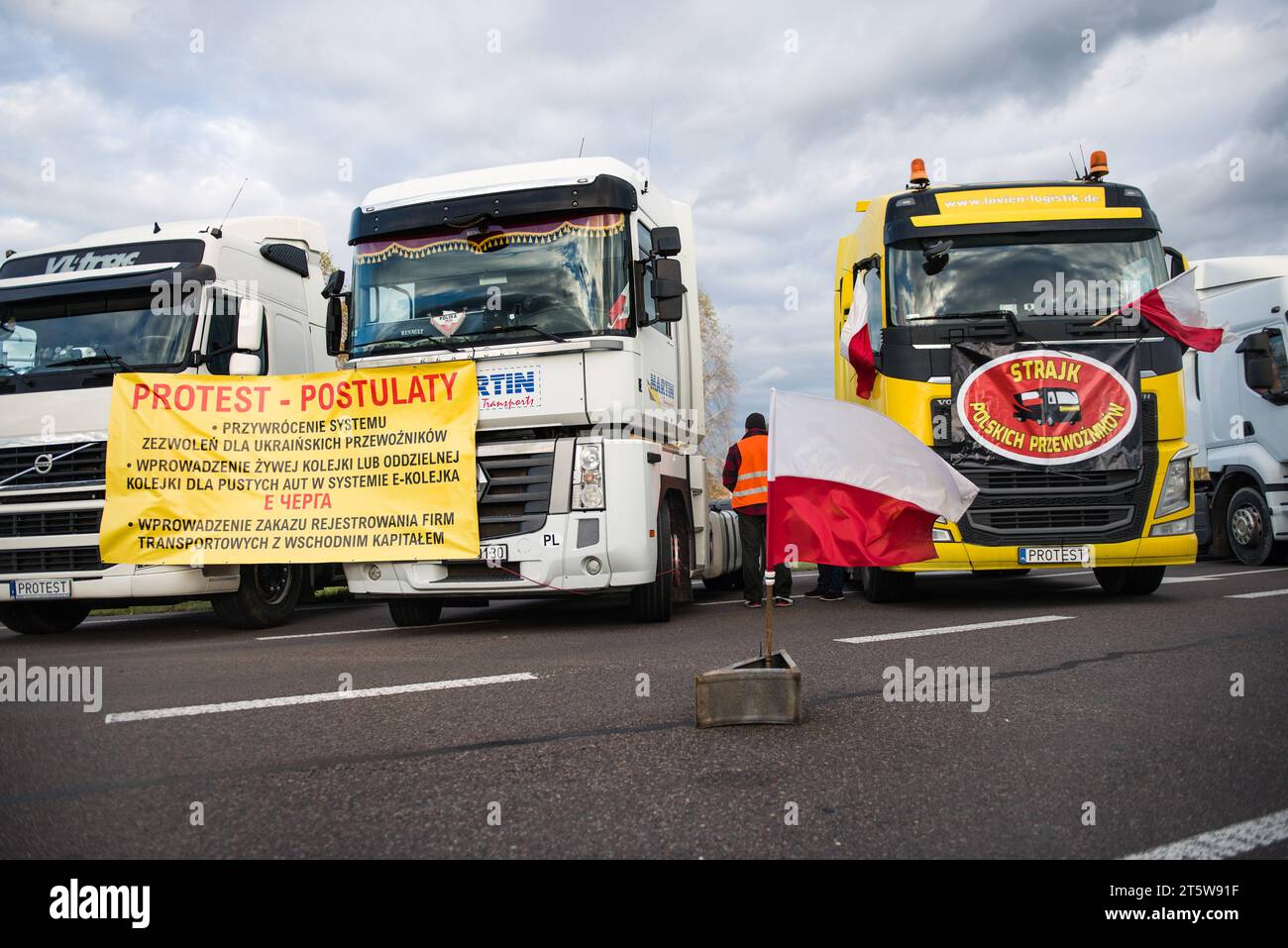 Banners with the demands of the protesting truckers are seen hanged on ...