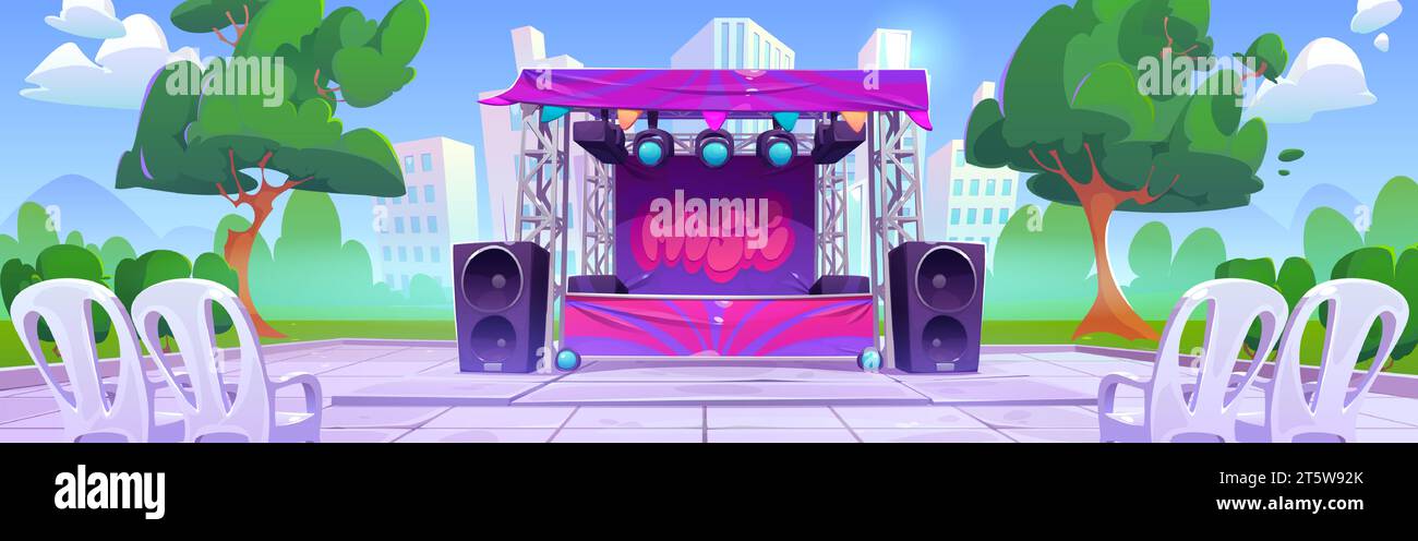Open air music festival or concert stage with speakers in city park ...