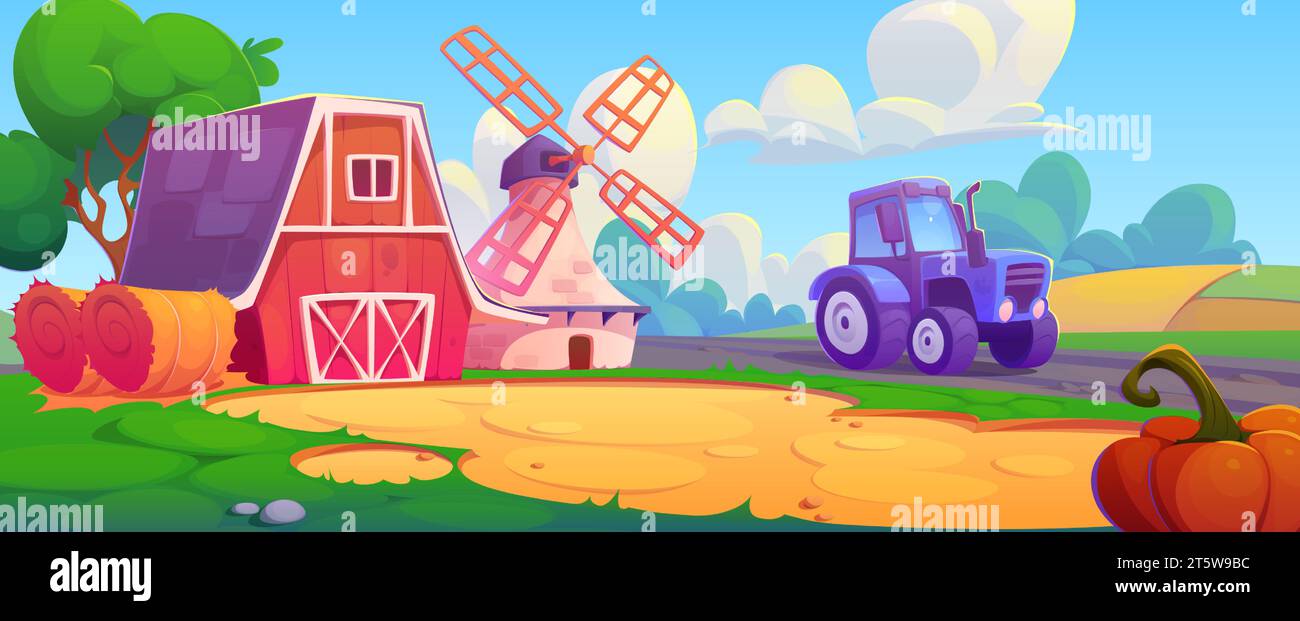 Cartoon farm landscape with red wooden barn and mill, tractor and hay ...