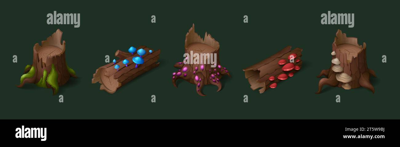 Cartoon tree stump and log with moss and fantasy bright glowing ...