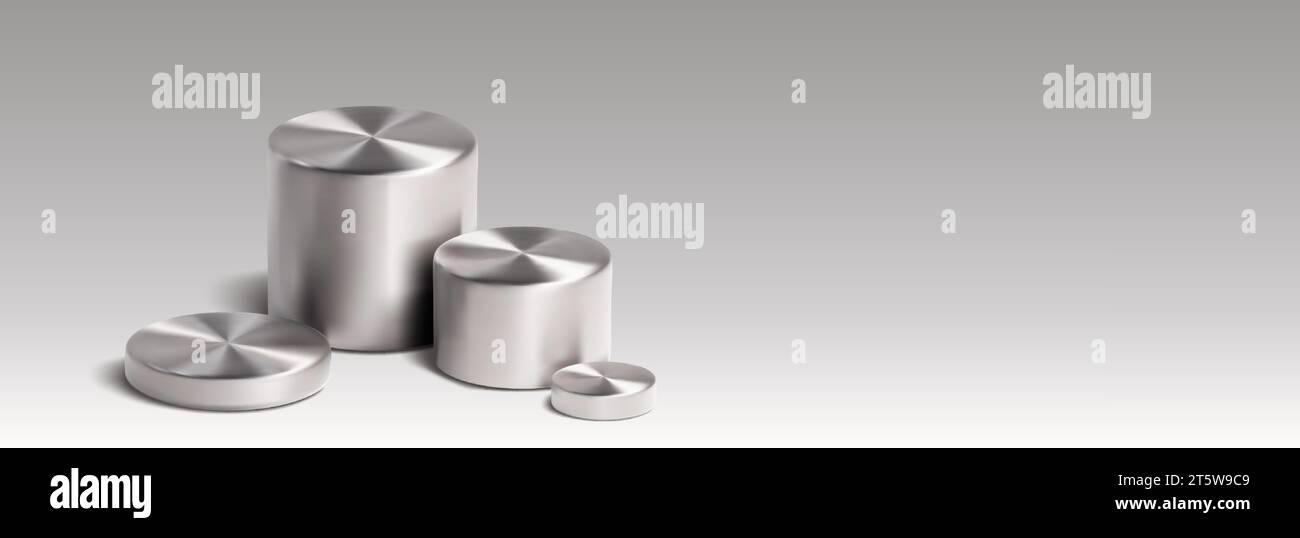 Four silver cylinder product stands of different sizes on grey ...
