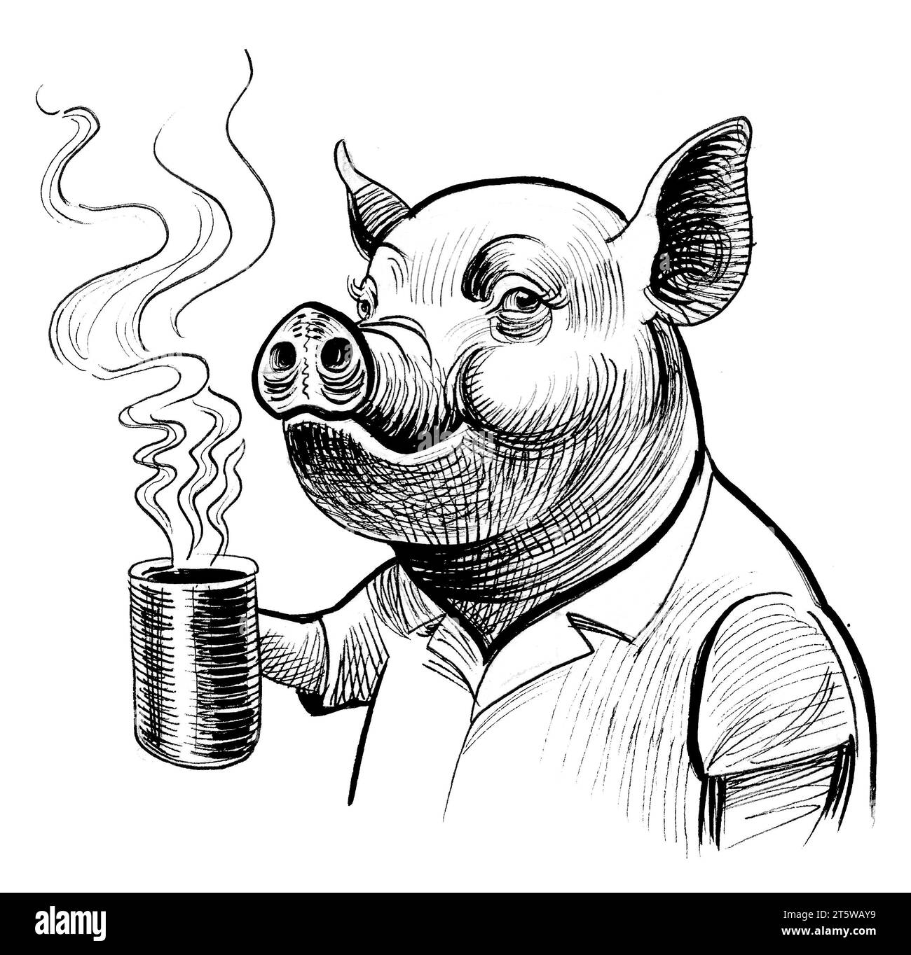 Pig drinking a mug of coffee. Hand-drawn retro styled ink black and ...