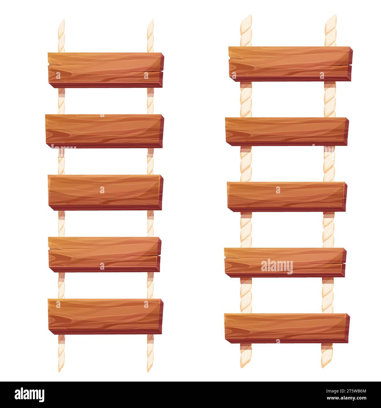 Set Wooden ladder with rope, planks hanging, staircase in cartoon style ...