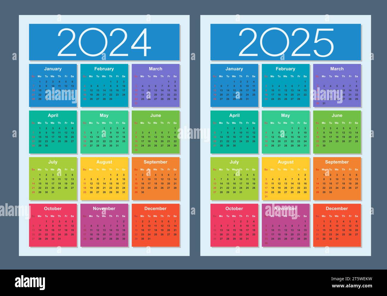 Colorful calendar for 2024, 2025 years. Week starts on Sunday. Vertical ...