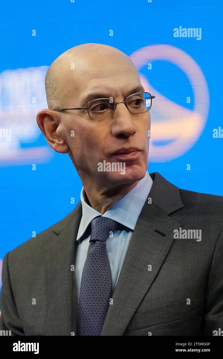 NBA Commissioner Adam Silver listens to speakers during a news ...