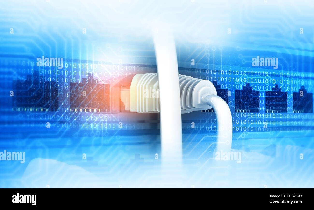Network cables connected in network switches, abstract technology ...