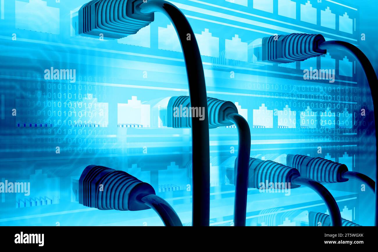 Network cables connected in network switches, abstract technology ...