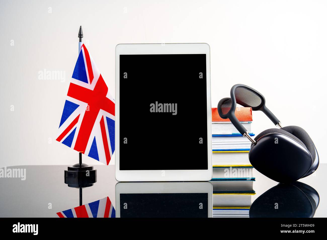 English language learning concept with books and flag of Great Britain ...