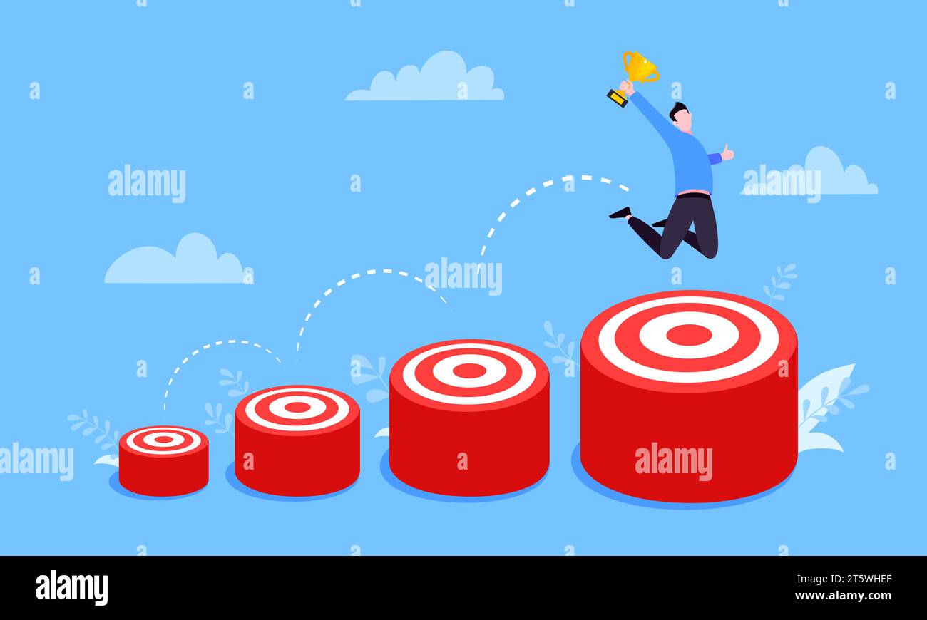 Businessman runs and jumps from small target goal to reach bigger target goal achievement flat ...