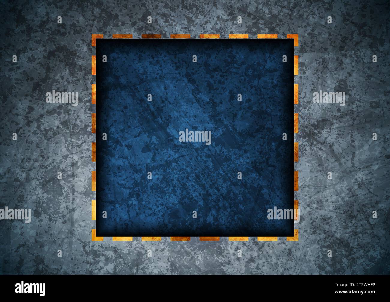Dark blue grunge square background with golden dotted line. Geometric ...